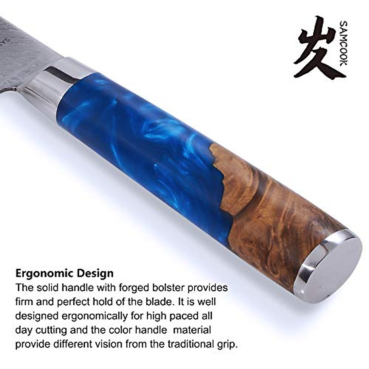 SAMCOOK Chef Knife - 8 Inch Professional Sharp Gyuto Knife - Japanese VG-10 Damascus High Carbon Stainless Steel Kitchen Cooking knife - Ergonomic Blue Resin Wood Handle with Gift Box