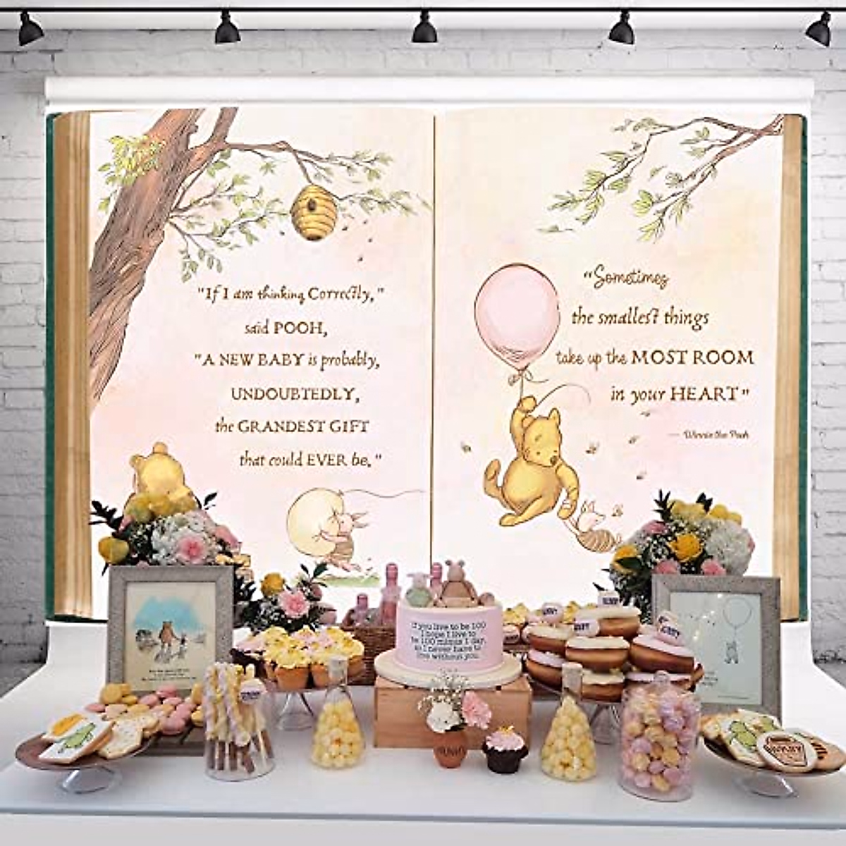 Vintage Pooh Bear Baby Shower Backdrop for Girl Retro Giant Book Spring Tree Classic Background Newborn Quote Pink Yellow Tinge Banner 7x5 ft 137