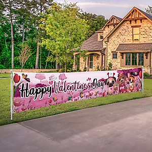 Large Happy Valentines Day Banner Outdoor Decorations 120" x 20" Valentine's Yard Sign Purple Flowers Cute Dogs Love Hill Holiday Party Supplies Valentine Backdrop Home Decor with Brass Grommets for Garden House Fence Garage Indoor Gifts Anniversary Weddi