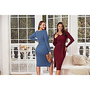 GRACE KARIN Women's V Neck Cable Knit Fall Sweater Dress Long Sleeve Tie Waist Bodycon Slit Pullover Midi Dress with Belt Wine L