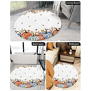 Round Fluffy Area Rug Thanksgiving Fall Pumpkin Harvest Ultra Soft Short Plush Circle Carpet Autumn Leaves Wheat on White Non-Slip Shaggy Accent Throw Rugs for Living Room Bedroom Nursery 48in