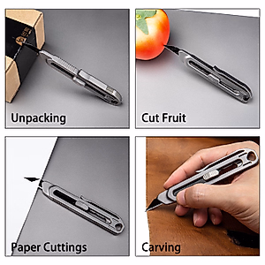TGZUO Titanium Pocket Knife with Clip Small EDC Retractable Box Cutter Flipper Utility Knife 10pcs Carbon Steel Blades