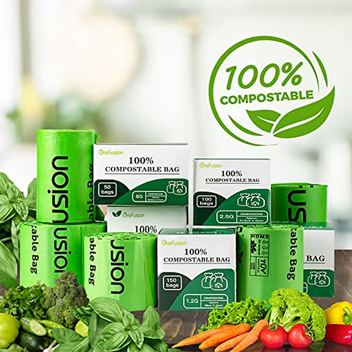 GreFusion Compostable Bags for Kitchen Compost Bin 1.2 Gallon,125 Count,Compost Food Scrap Waste Bags Fits 0.75,1,1.2,1.3 Gallon Countertop Bin,Compost Bags Certified by BPI,ASTM D6400 and OK Compost