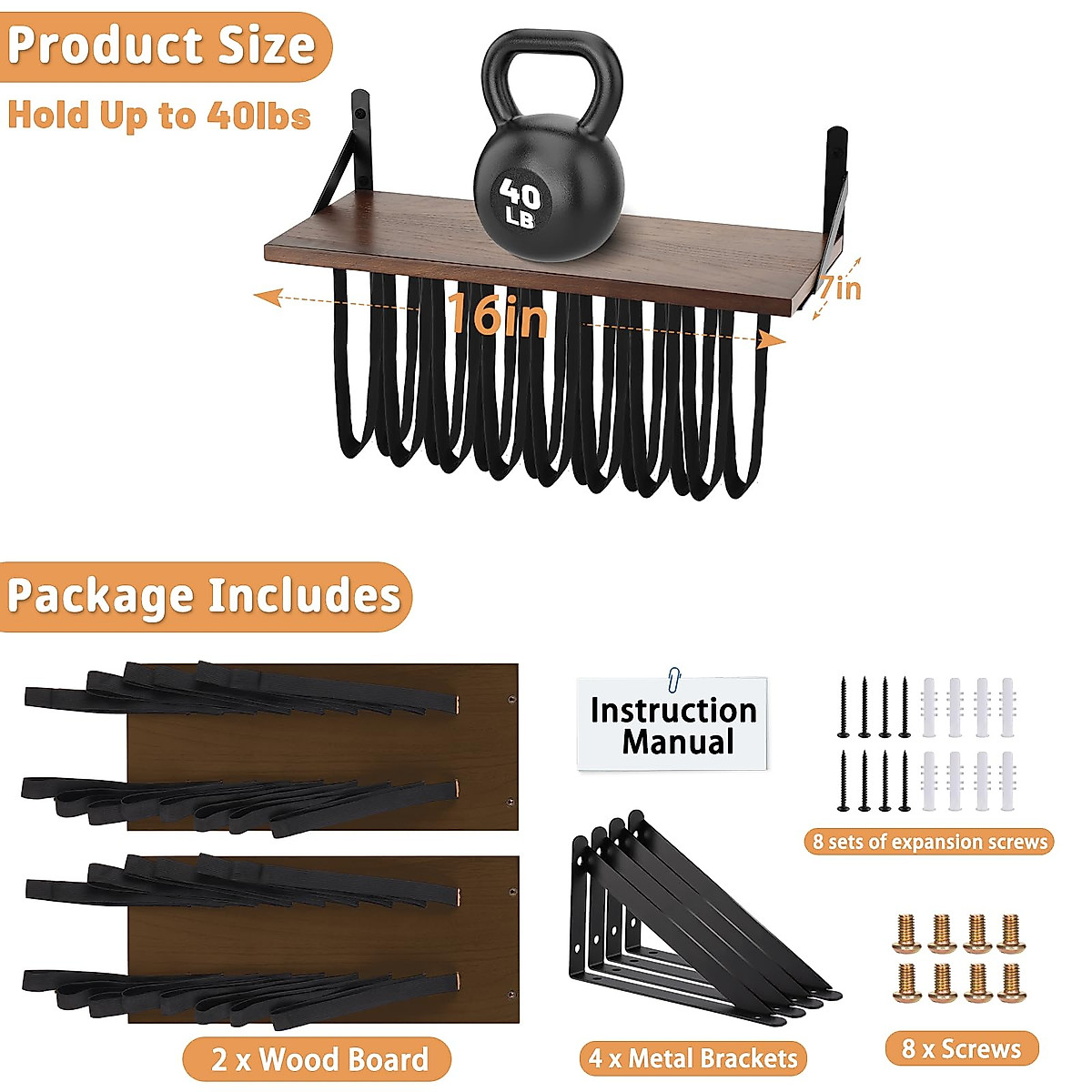 Outink Floating Book Shelves for Wall, Multi-Function Space Saving Wall Bookshelf, Unique Wooden Hanging Bookshelf for Bedroom Living Room Decor & Storage, 16" x 7" (2 Packs, Dark Brown)