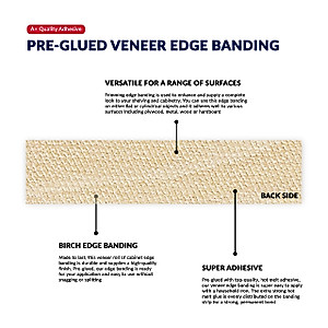 Birch Wood Veneer Edge Banding 3/4 inch x 25 ft Pre Glued Adhesive Edging Trim Tape Iron On Flexible Strip Roll Laminate Cabinate Countertop Furniture Shelf MDF Board Paintable Molding Easy Trimmer