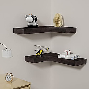 Cayln Corner Floating Shelves Wall Mounted, Invisible Mounting Brackets, Thick Rustic Wood Wall Shelves for Bedroom, Living Room, Bathroom, Kitchen, Set of 2, Brown