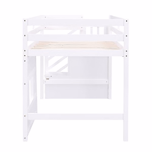 BOVZA Twin Size Low Loft Bed with Storage Staircase and Window, Wooden Low Loft Bed Frame with Stairs Storage for Kids, Teens, Boys, Girls, White