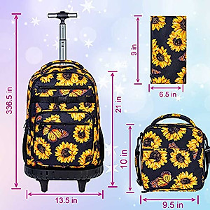 Rolling Backpack for Girls, 21 Inch Roller Wheeled Sunflower Flowers Bookbag for Students School, Water Resistant Elementary Travel Backpacks with Wheels