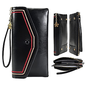 ENYISDAN Detachable Wristlet Wallets for Women 2-in-1 Long Purse Clutch Embroidery Leather Zip Black