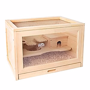 Kaiyopop Hamster Cage Large Wooden Hamster Cages and Habitats, Natural Wooden Hamster House (23.6" L X 15.7" W X 15.7”H) Acrylic Hamster Cage Small Animal Habitat for Rabbits, Guinea Pig, Chinchilla