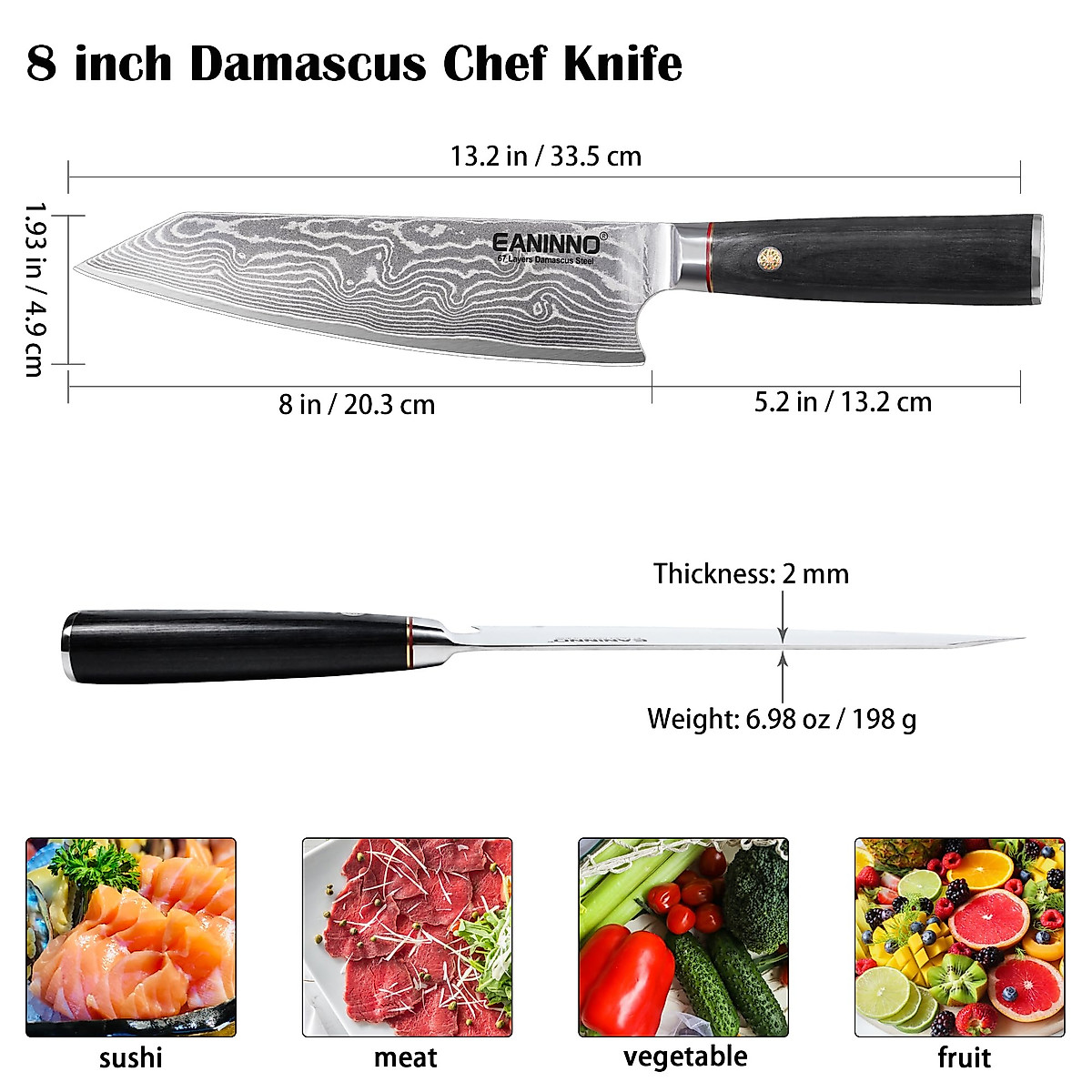 EANINNO Damascus Chef Knife 8 Inch Japanese Kitchen Knife, Sharp Professional Chefs Knife 67 Layers High Carbon Damascus Stainless Steel Vg10 Cutting Knife