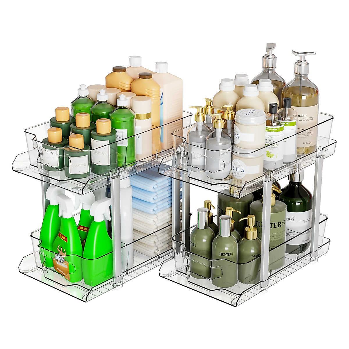2 Pack Bathroom Cabinet Organizer,Clear 2 Tier Pull Out Under Sink Organizers and Storage,14.8 L*9.5 W*12.8 Tall Slide Out Kitchen Pantry Medicine Organization and Storage Shelves Bins with Dividers