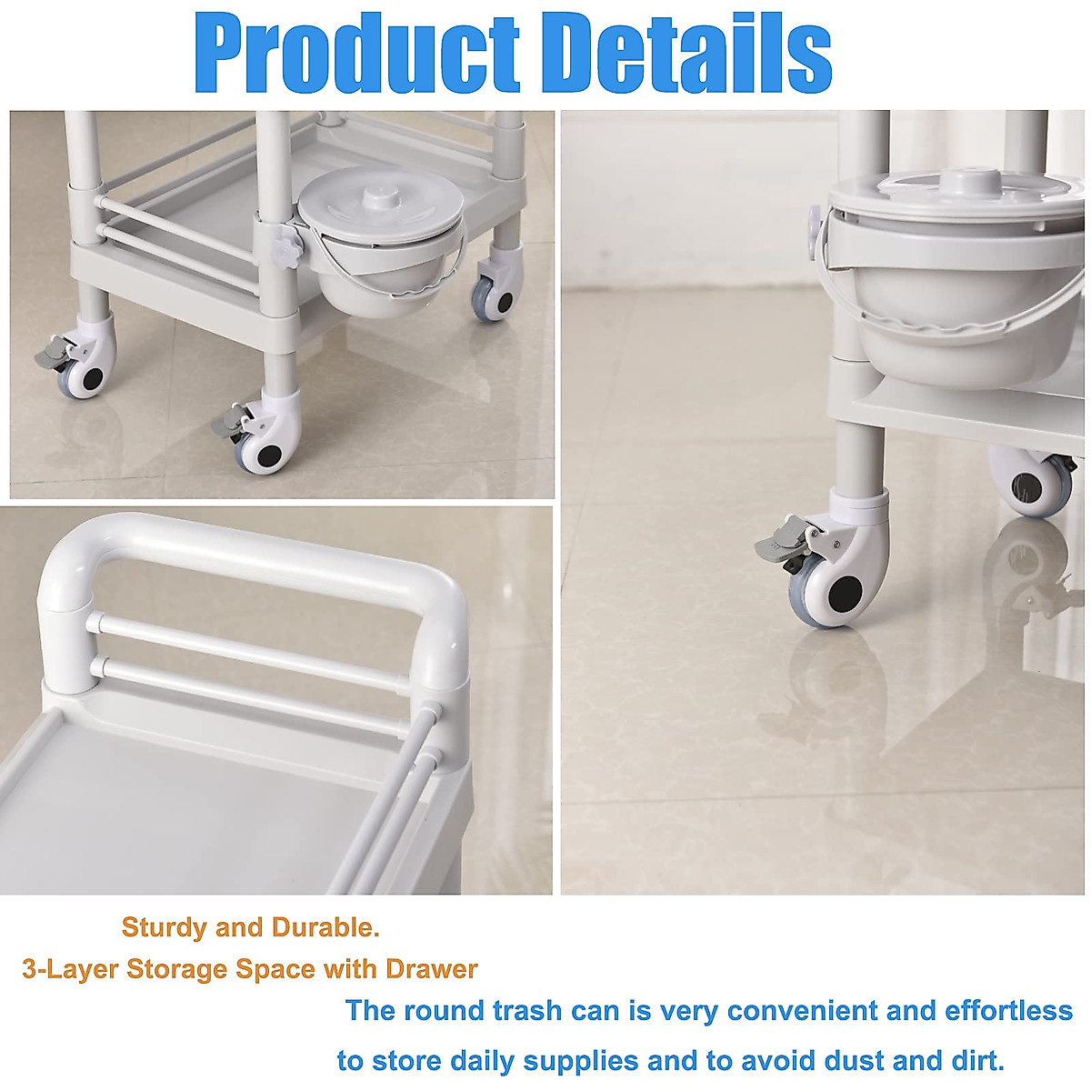 Rolling Utility Cart,Qiwey Utility Cart with Big Drawer,3-Tier Esthetician Cart with Wheels for Beauty Salon SPA Commercial Hospital Office Lab Cart