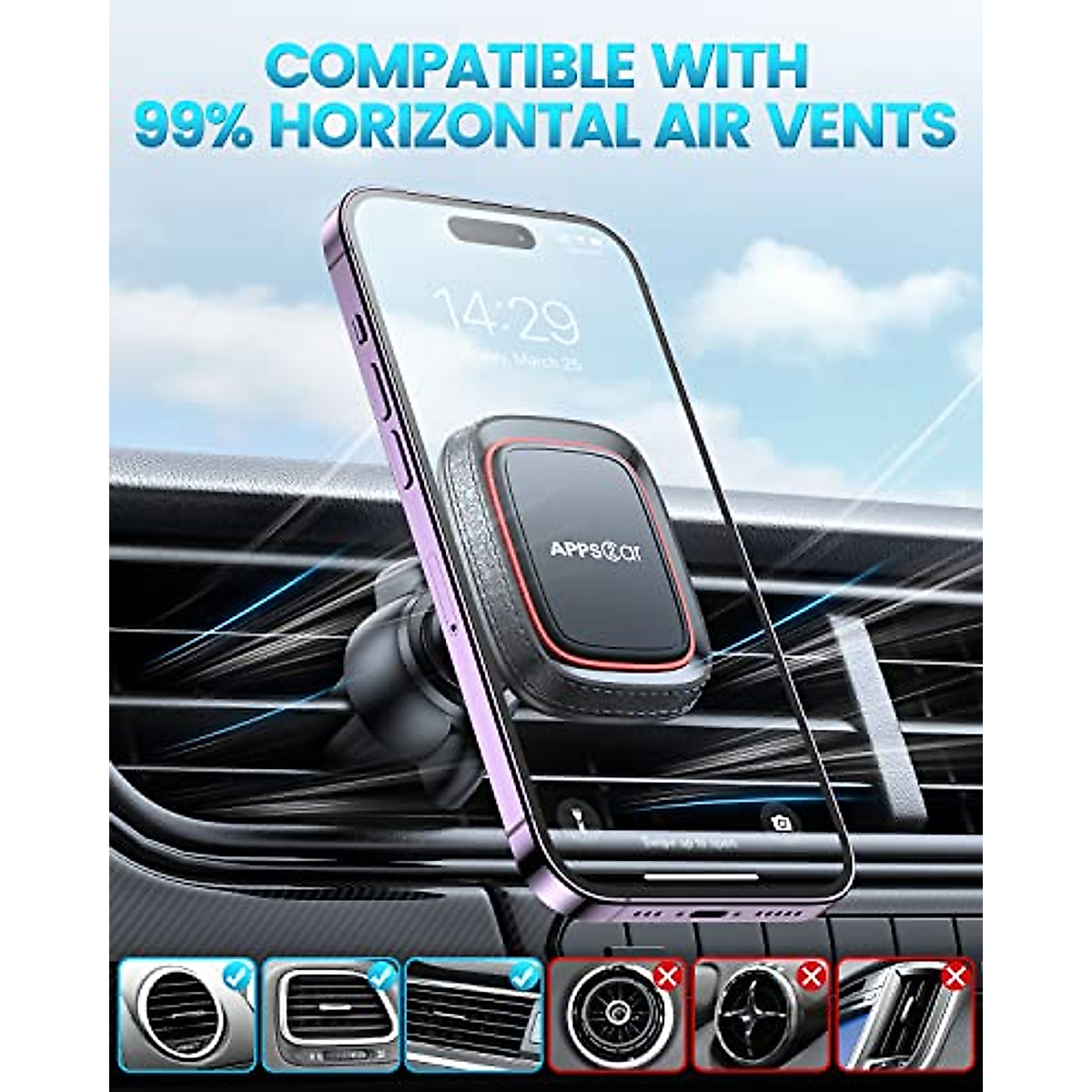 APPS2Car 2 Pack Magnetic Phone Car Mount, Car Phone Holder Mount Magnetic, Built in 6 Strong Magnets, Air Vent Cell Phone Holder for Car with Adjustable Secure Tightening System
