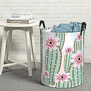 Cactus Pink Flowers Laundry Hamper With Handle Foldable Durable Laundry Basket Storage Bin Dirty Clothes Organizer Bag For Bedroom Bathroom Nursery