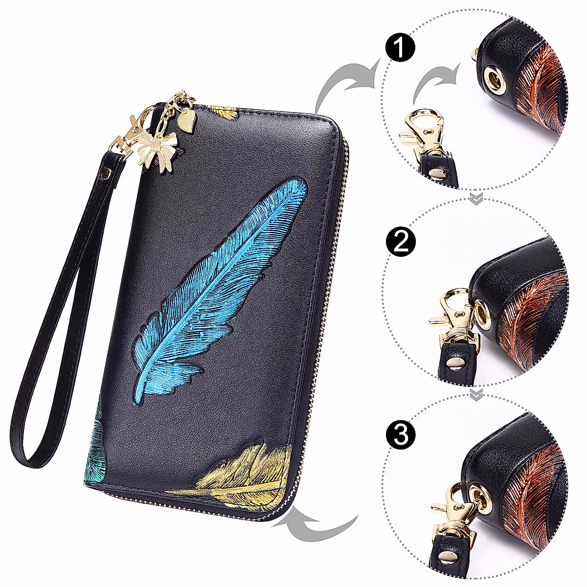 FEITH&FELLY Women RFID Blocking Wallet Embossed Genuine Leather Wristlet Clutch Purse Handbag