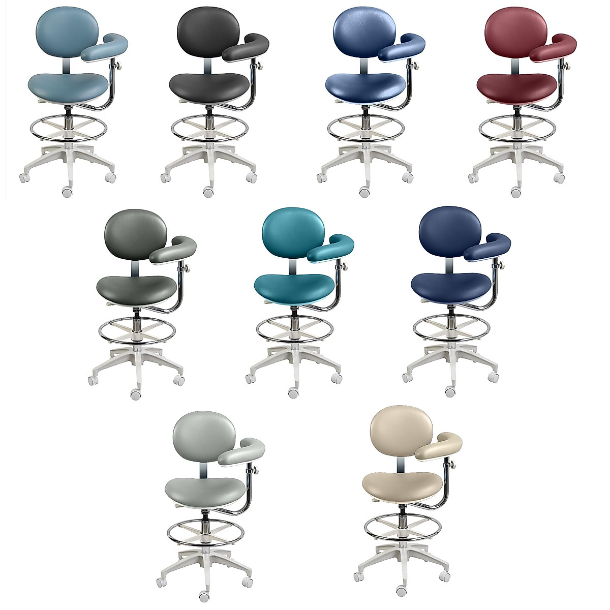 AmeriCan Goods Doctor Classical Assistant Stool Rolling Dental Stool with Procedure Arm and Foot Ring Adjustable Heigh, Sit & Backrest with Wheels (Black)