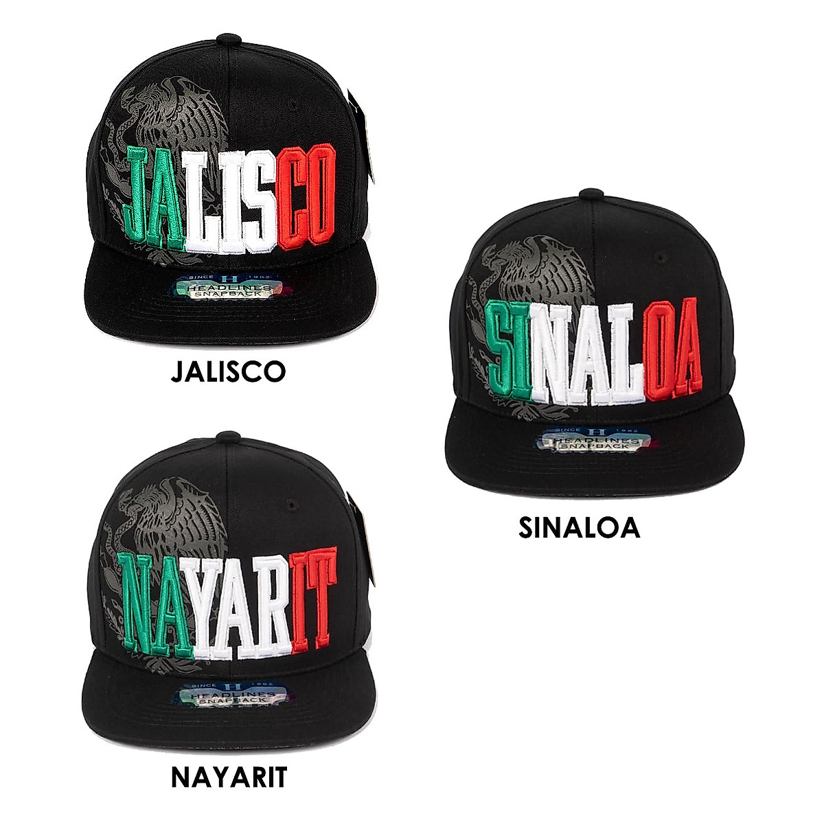 Mexican Hat Mexico State Federal Name Embroidered Snapback Flat Bill Baseball Cap (State-Nayarit) Black