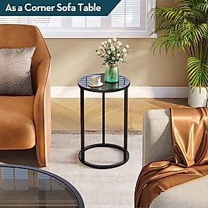 SAYGOER Small Side Table Round Glass End Table for Small Spaces Narrow Couch Night Stand Modern Bedside Table with Black Metal Frame for Bedroom Living Room, Easy Assembly