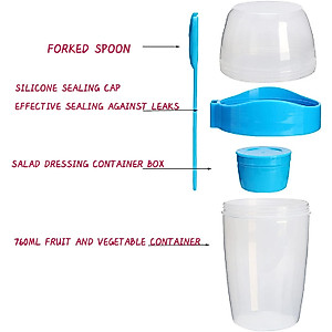 Habysedu Keep Fit Salad Meal Shaker Cup,Travel Cup with Snack Bowl, Portable Fruit and Vegetable Salad Cups Container with Fork & Salad Dressing Holder, Overnight Oats Containers with Lids(Blue)