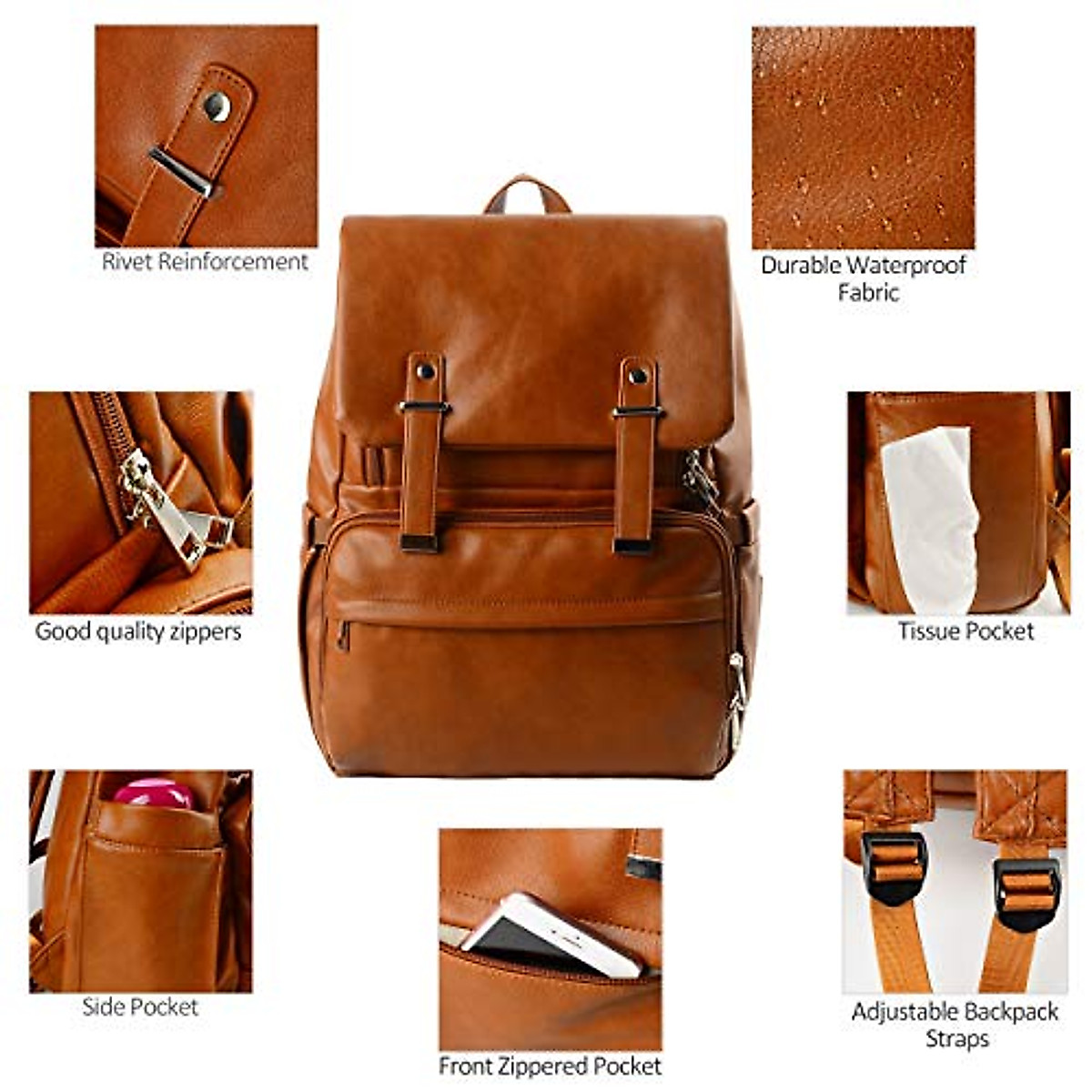 KZNI Leather Diaper Bag Backpack, Nappy Bag Baby Bags for Mom Unisex Maternity Diaper Bag with Stroller Hanger|Thermal Pockets|Adjustable Shoulder Straps|Water Proof| LargeCapacity (Brown)