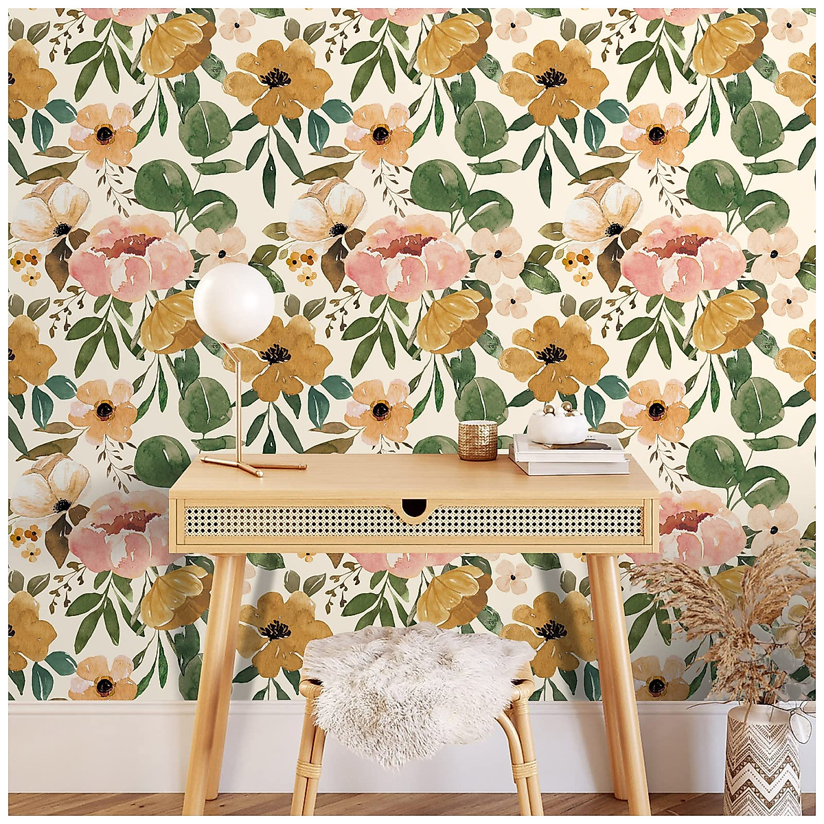 HAOKHOME Vintage Boho Floral Peel and Stick Wallpaper Peonies Removable Rose Beige/Pink/Oliva Vinyl Self Adhesive Contact Paper 17.7in x 9.8ft