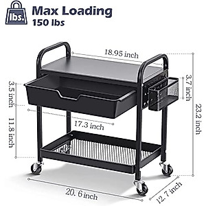 TOOLF 2 Tier Under Desk Mobile Printer Stand, Rolling Printer Cart with Storage Bag Drawer Desktop Organizer Utility Cart for Home Office Multi Purpose Fax Shelf with Caster Wheel - Black