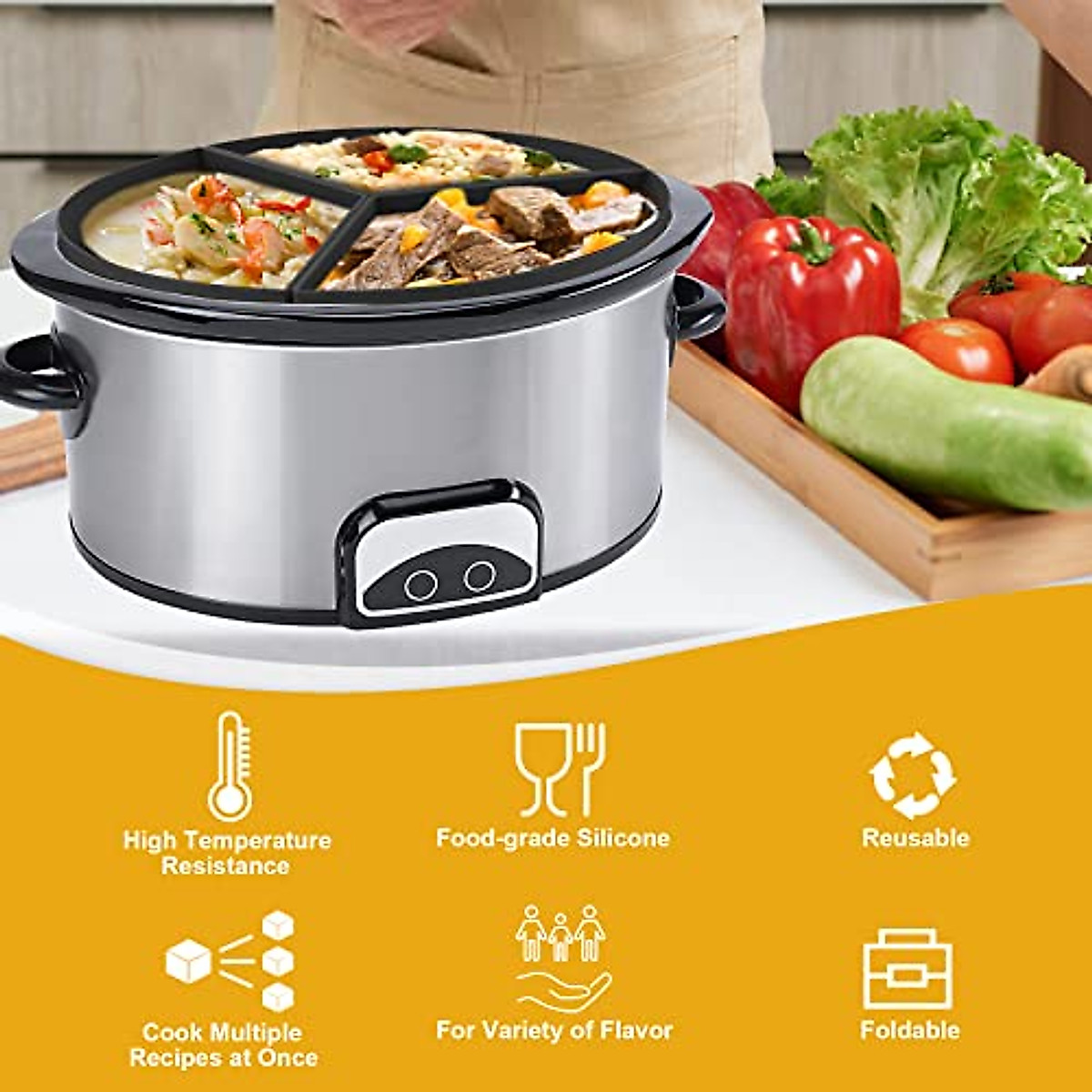 Slow Cooker Liners - Crock Pot Liners Silicone Insert Divider 3 IN 1, For 8 Quart Oval Slow Cookers, Reusable Silicone Slow Cooker Liner For Crock Pot Divider Insert, Dishwasher Safe BPA Free,8QT