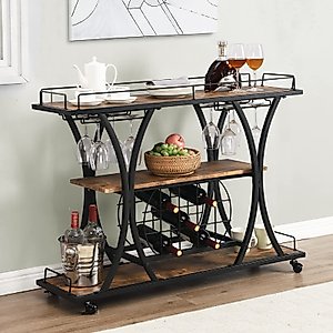 CALABASH Industrial Serving Bar Cart with Storage,3 Tier Shelf Wooden Metal Rustic Freestanding Floor Wine Coffee Rack,Modern Home Portable Mini Bar Liquor Cart (33.66")