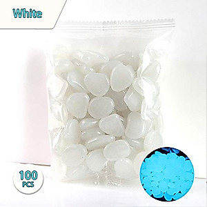 Qguai 100pcs Glow in The Dark Aquarium Rocks Fish Tank Decoration Rocks Stones Aquarium Ornament Glowing Rocks Pebbles for Terrarium Plants Pots Vases Garden Patio Lawn - 0.9" - White…