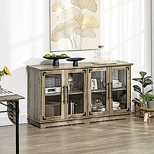 HOMCOM Farmhouse Sideboard, Buffet Cabinet, Coffee Bar Cabinet with 4 Glass Doors, Credenza, Distressed Grey
