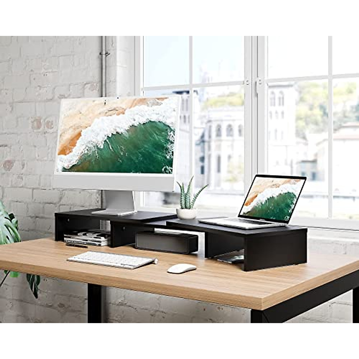 FITUEYES Dual Monitor Stand - Adjustable Wood Riser | 2 Monitors
