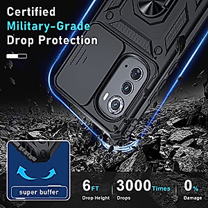 Motorola Moto Edge 2022 Case Built in Slide Camera Cover and Screen Protector [Not for Edge Plus],Heavy Duty Shockproof Full Body Phone Cover,Built in Finger Ring Stable Holder Kickstand,2022 Black