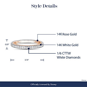 Jewelili Enchanted Disney Fine Jewelry 14K White Gold and Rose Gold 1/6 Cttw Diamond Belle Wedding Band Size 7