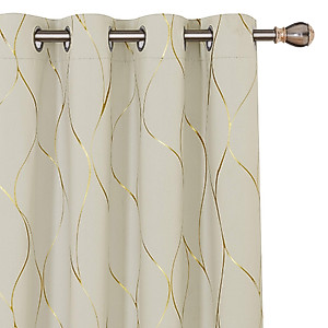 Deconovo Gold Wave Print Blackout Curtains for Bedroom, Thermal Insulated Curtains for Living Room, Room Darkening Drapes (Light Beige/Wave, 52x63 Inch, 2 Panels)