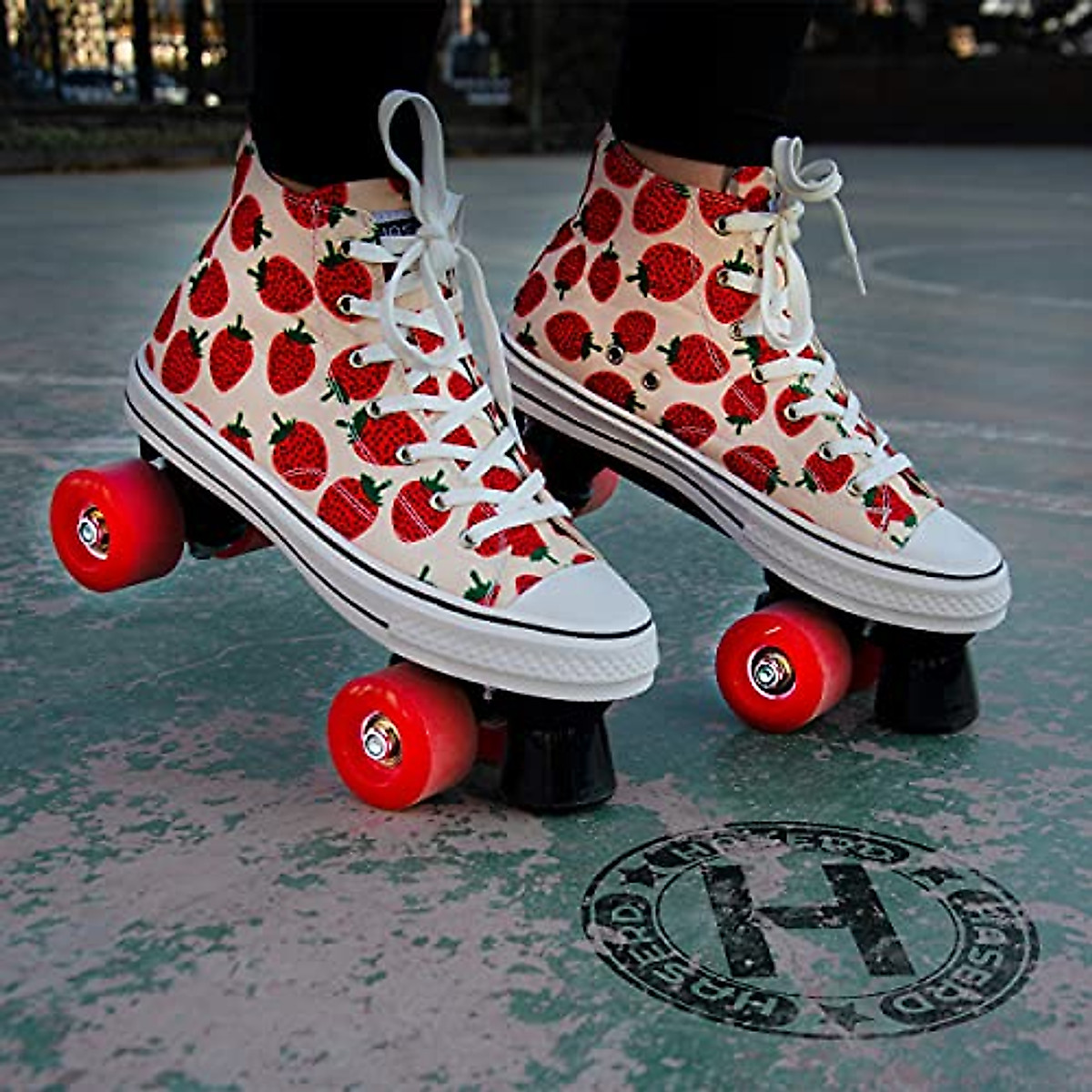 HASERD Roller Skates for Women with Bags- Adjustable Double Row Canvas Roller Skates for Girls Strawberry and Pineapple Themed Design- Quad Wheel High Top Canvas Sneaker Style (Strawberry, 8.5)