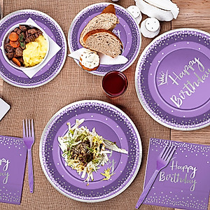 96 Pieces Purple and Silver Birthday Plates and Napkins Party Tableware Set with Happy Birthday Party Decorations,Paper Plates,Napkins and Forks for 24 Guests