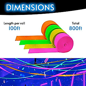 Glow King Black Light Streamers | 8 Pack of 100ft Fluorescent Rolls | Premium UV Reactive Neon Crepe Paper | Perfect for Blacklight Birthday Decorations and Events | Glow in the Dark Party Supplies