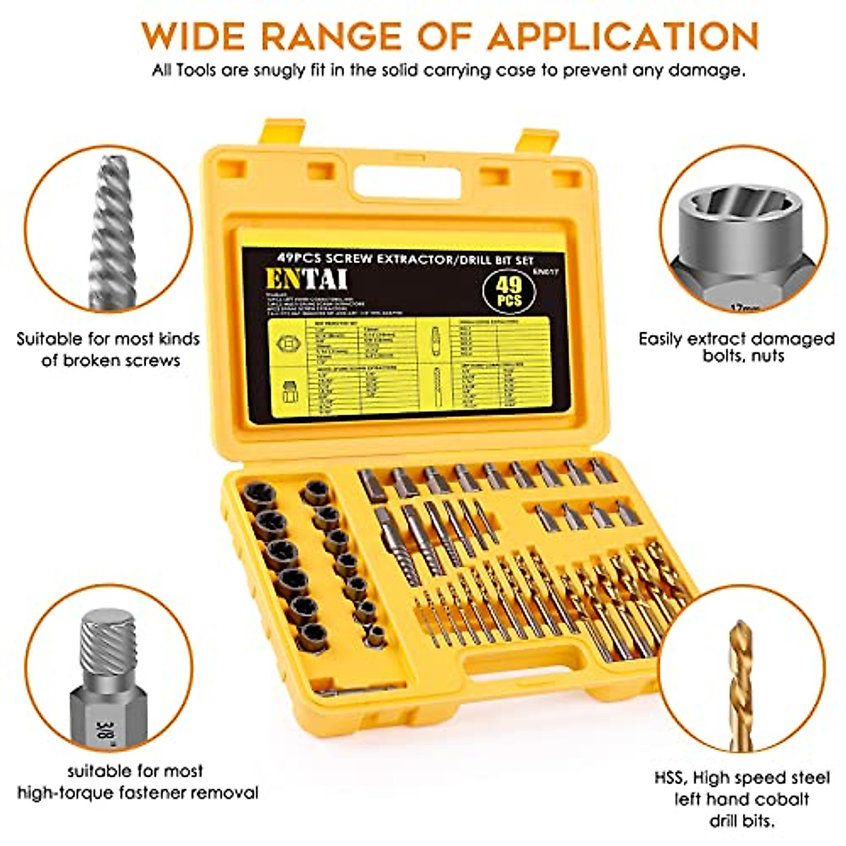 ENTAI 49-Piece Bolt Extractor Screw Extractor Set, with 13-Piece Bolt Extractor Set, 16-Piece Drill Bit Set, 19-Piece Multi-Spline Screw Extractor Set and 1-Piece Extension, Solid Carrying Case
