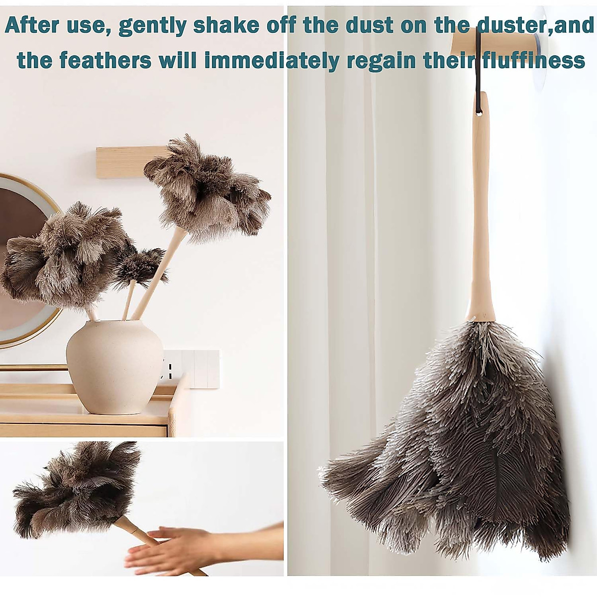 Genuine Ostrich Feather Duster Fluffy Natural with Wooden Handle and Eco-Friendly Reusable Handheld Cleaning Supplies, Gray and Brown(Length 16")