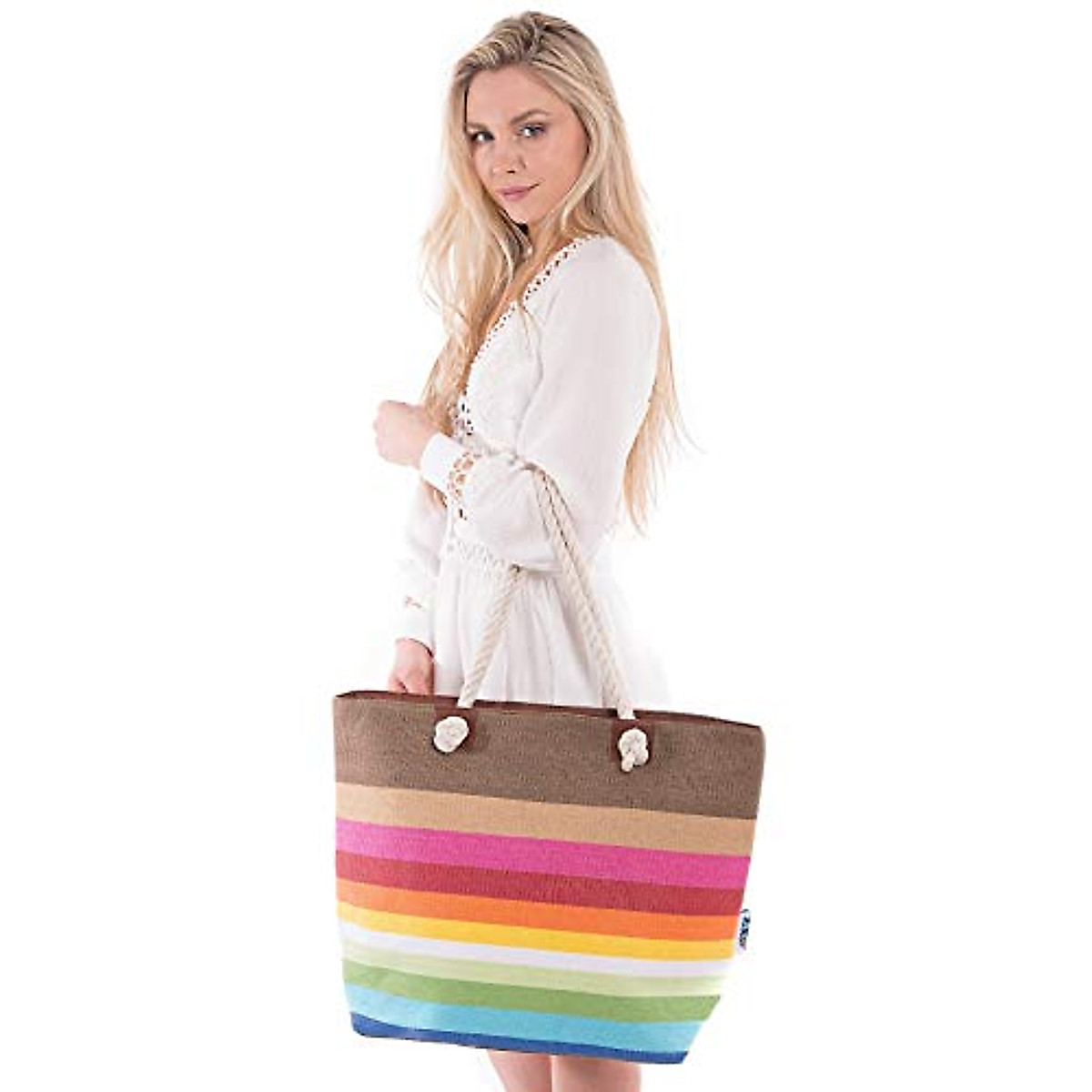 PIER 17 Women's Beach Bags | Extra Large Striped Straw Shoulder Tote with Rope Handle Zipper Closure Inner Pockets