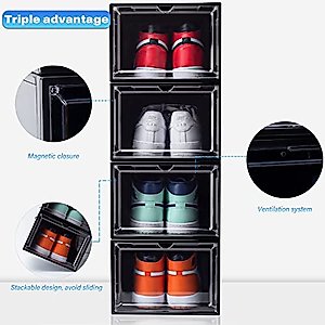 YOLOPARK Drop Front Shoe boxes Clear Plastic Stackable 6 Pack Sneaker Display Case with Magnetic Door Shoe Containers for Closet with Lids, Shoe Storage Boxes Fit Size Up to US 12.5