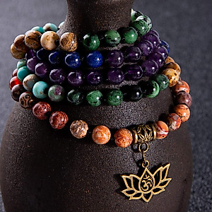 Bivei 7 Chakra 108 Mala Beads Bracelet Real Healing Gemstone Yoga Meditation Hand Knotted Mala Prayer Bead Necklace(Lotus OM-6mm beads)