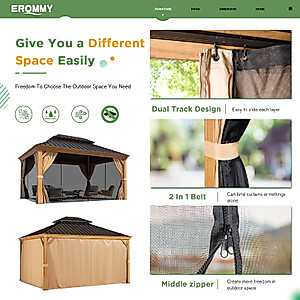 EROMMY 10'x12' Gazebo, Wood Grain Aluminum Frame Canopy with Double Galvanized Steel Hardtop Roof, Outdoor Permanent Metal Pavilion with Curtains and Nettings for Patio, Backyard and Deck