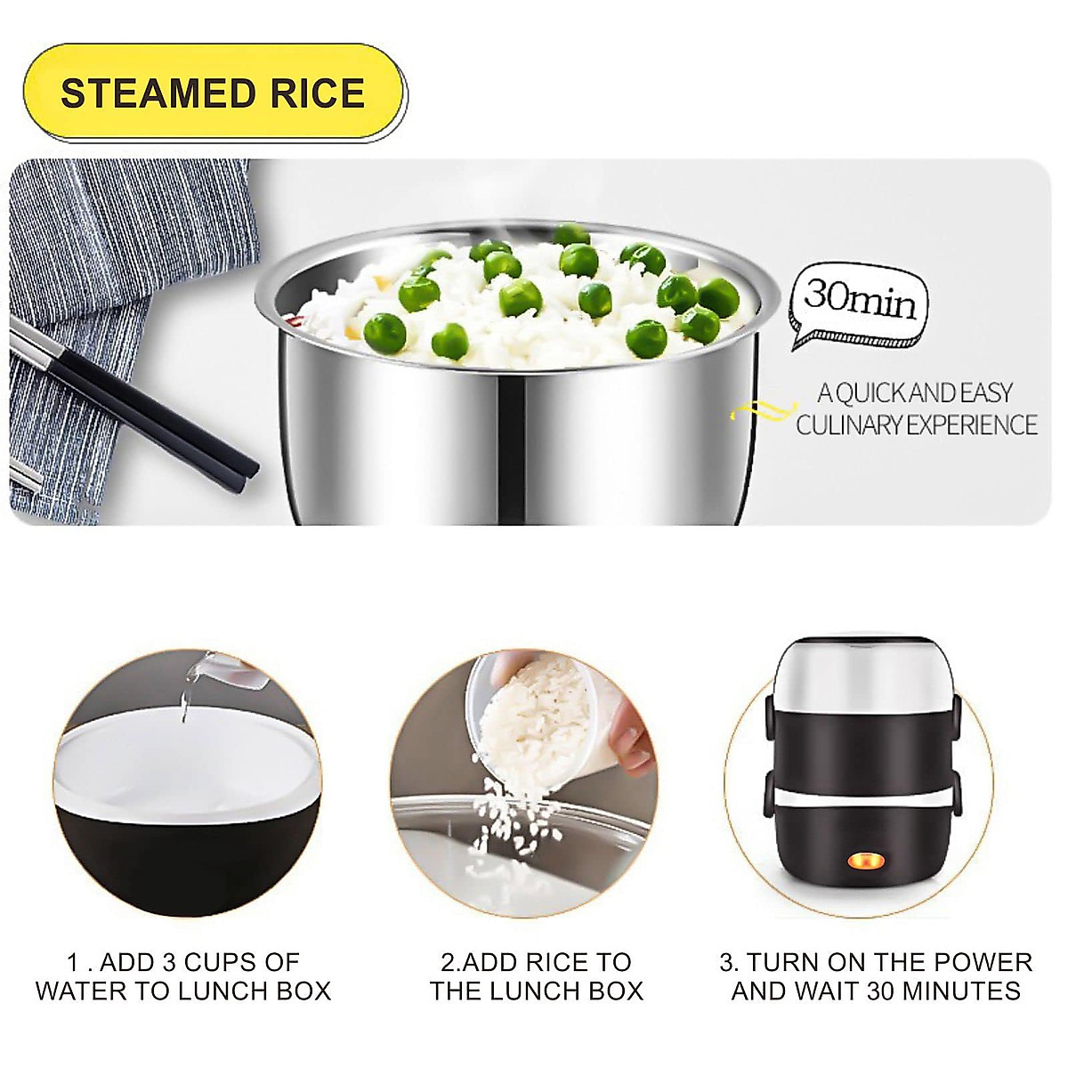 3 Layers Electric Warmer Lunch Box Food Heater Portable Bento Rice Cooker Office Lunch Containers Warming Home Food Grade Material Steamer with Stainless Steel Bowls, Egg Steaming Rack -Brown