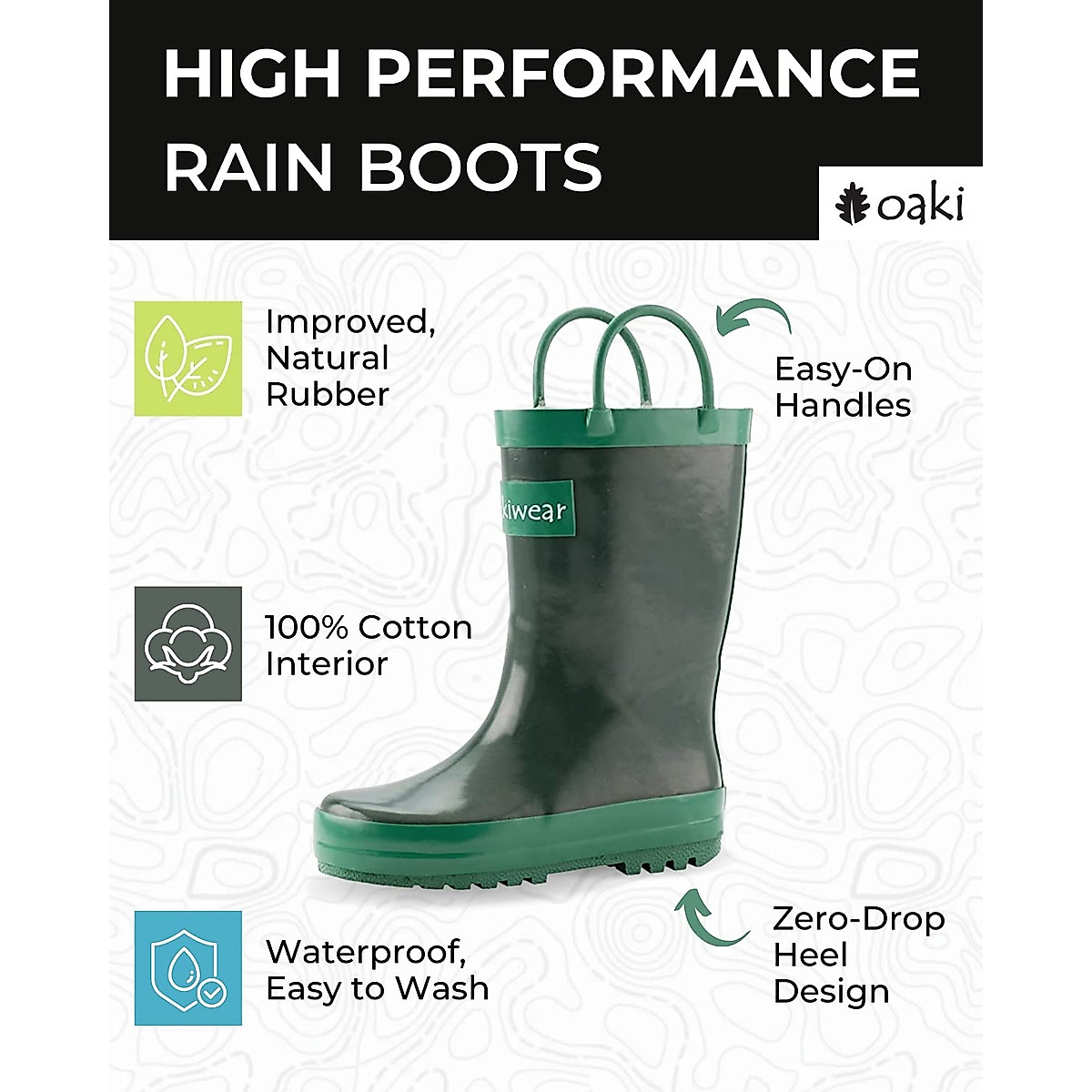 OAKI Toddler Rain Boots - Perfect Kids Rain Boots for Any Weather - Durable Rubber Baby Rain Boots Keep Little Feet Dry, Lightweight Waterproof with Easy-on Handle, Nature Green, 4 Big Kid