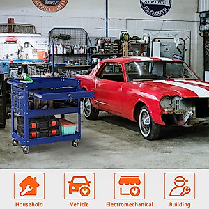 3 Tier Tool Cart on Wheels with Lockable Drawer, Heavy Duty Rolling Tool Cart,Large Storage Capability Tool Cart with Drawers, Suitable for Garage, Warehouse, and Repair Shop (blue)