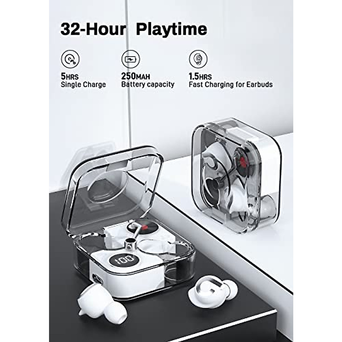 Wireless Earbuds, Bluetooth 5.3 Earbuds, 32H Playtime True Wireless Bluetooth Earbuds with Charging Case and LED Power Display, Sport Workout Earbuds Built in Mic Waterproof Bass Sound Headset (White)