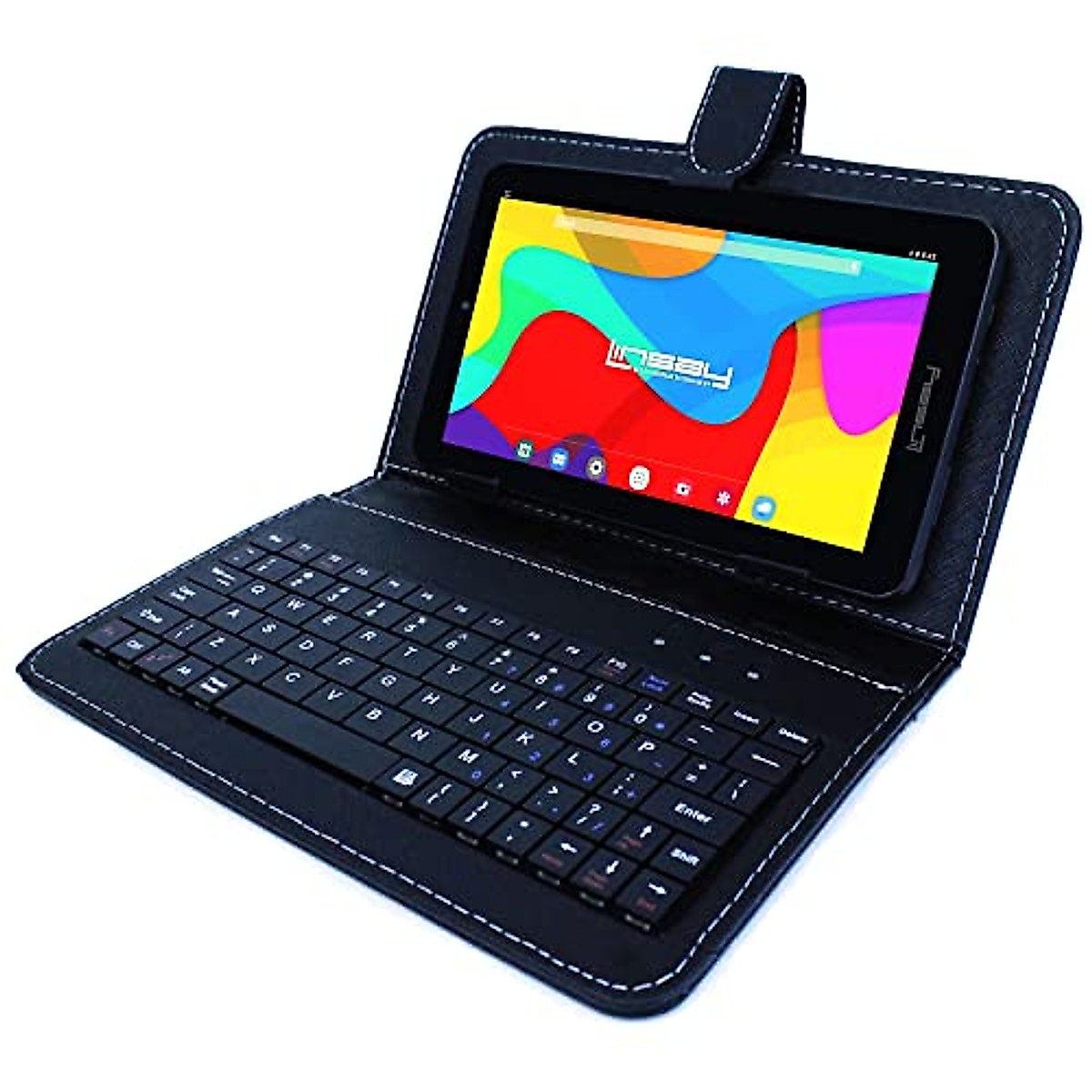 LINSAY 7" 2GB RAM 32GB Storage Android 12 Tablet with Black Leather Keyboard, Pop Holder and Pen Stylus