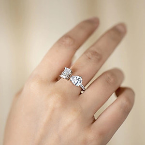 通用 Eternity Rhodium Plated Solid Silver Two Stone Engagement Ring 3ct Pear and 3ct Emerald Shape Zircon Open Adjustable Wedding Anniversary Ring (Silver, 7)